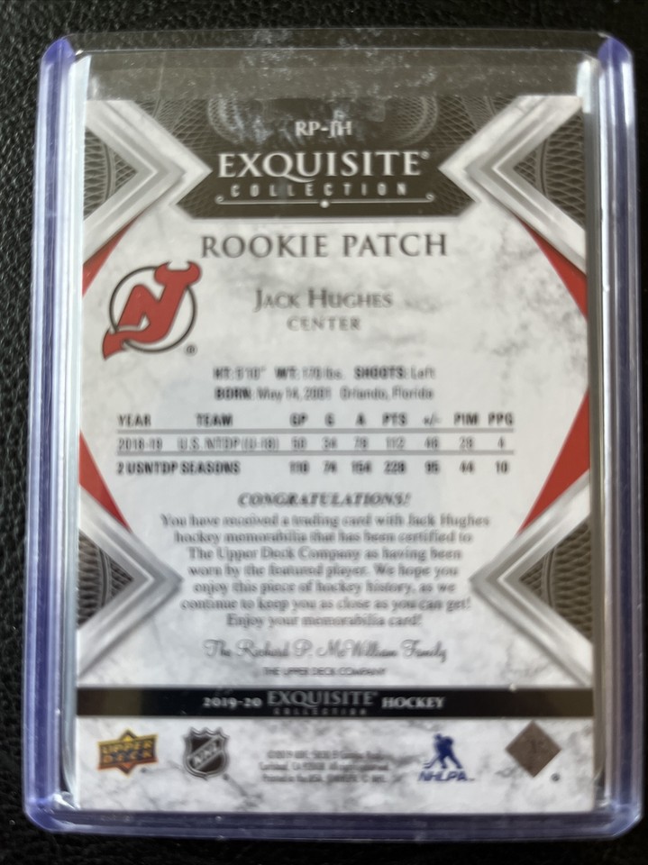 2019-20 UD Exquisite Rookie Patch #/99 Jack Hughes #RP-JH NJ Devils RC ...