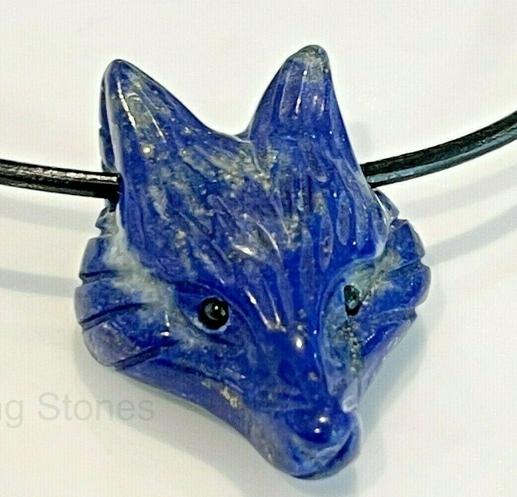 New Lapis Lazuli Fox Wolf Gemstone Pendant on Genuine Leather Necklace ...