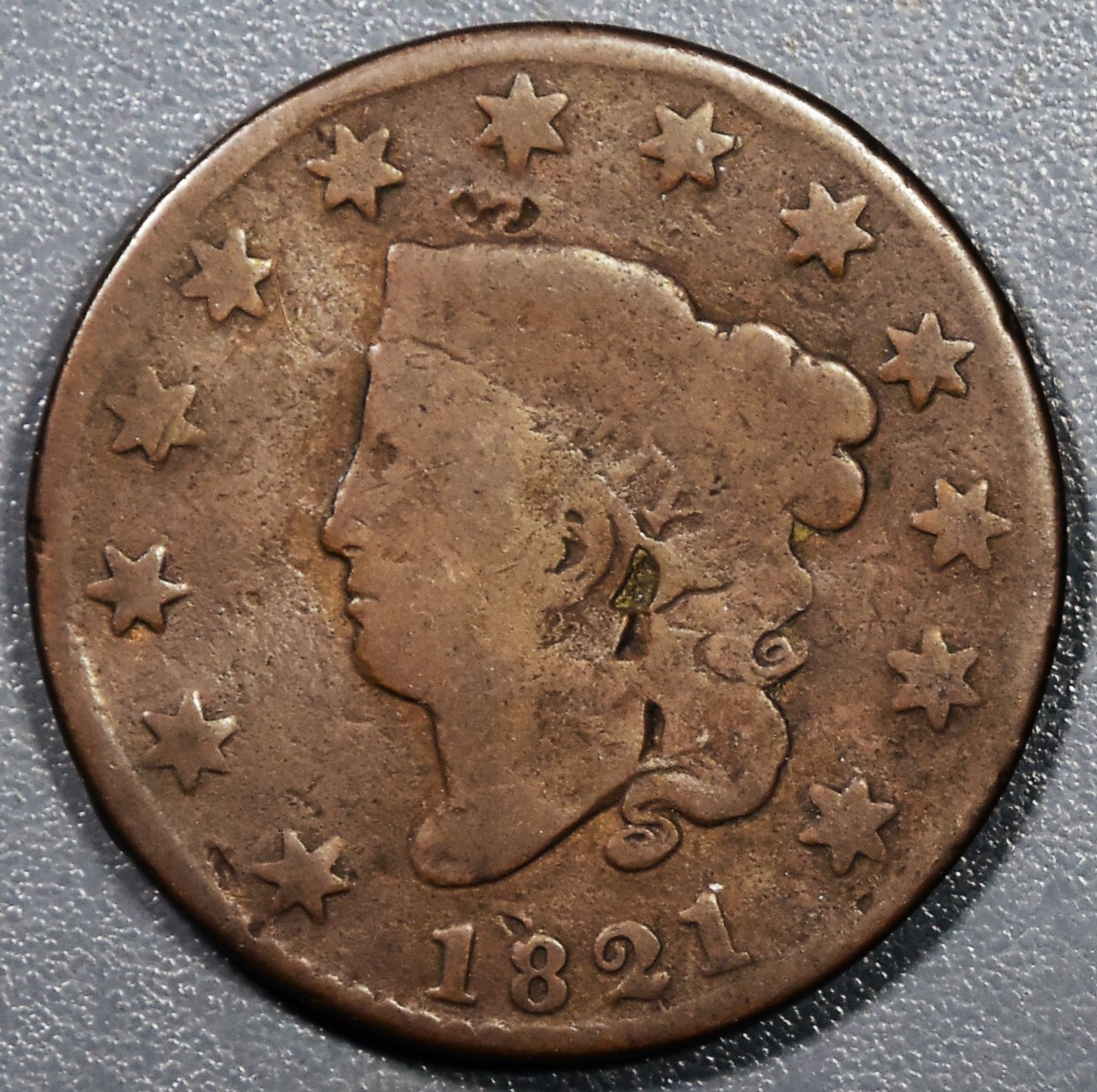 1821 1C LIBERTY CORONET HEAD LARGE CENT Wide Txt Only 389k KM# 45.1 Gr ...
