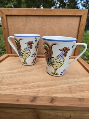222 FIFTH ROOSTERS Mugs Set of Two, Chickens Farmhouse Cottage Farm ...