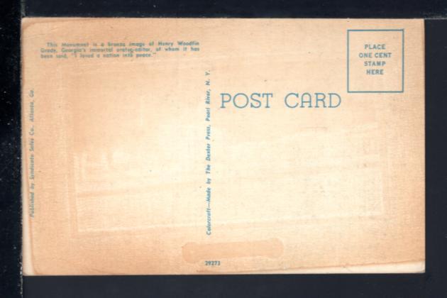 Postcard - Atlanta Georgia - Henry W Grady Monument | eBay