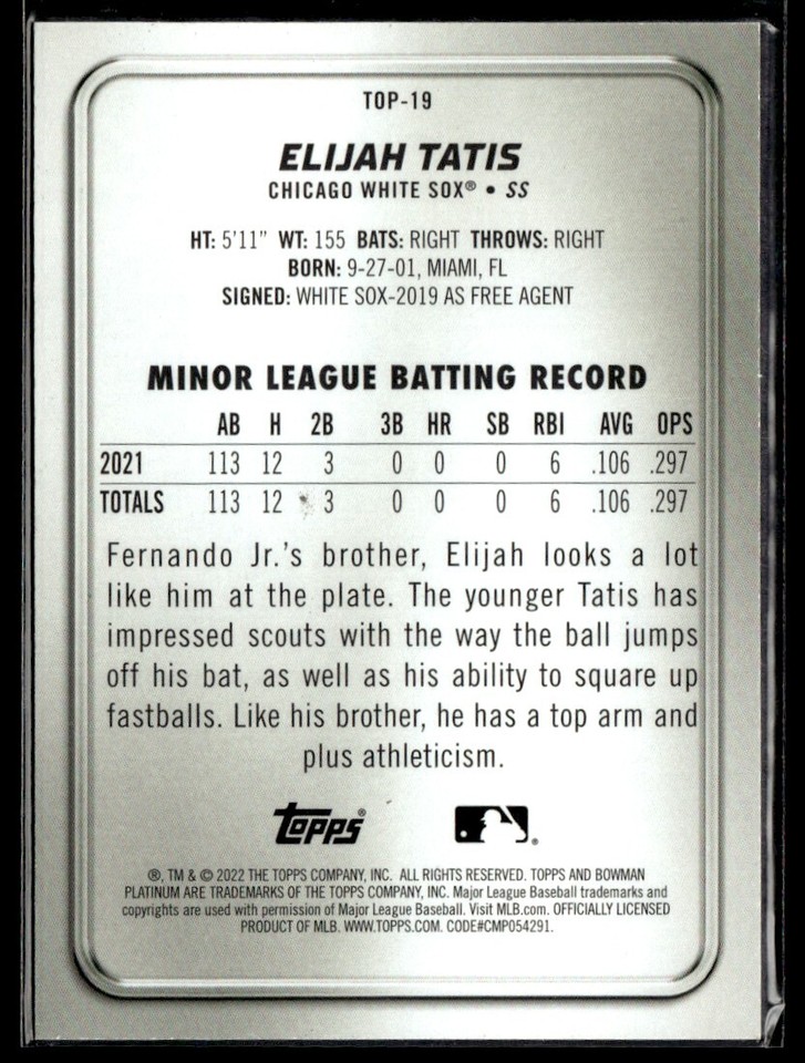 2022 Bowman Platinum Pink Elijah Tatis Auto /199 Chicago White Sox #TOP ...
