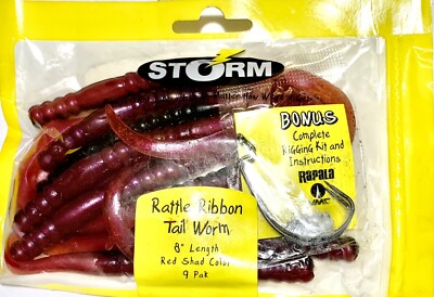 STORM RAPALA 8” Rattle Ribbon Tail Plastic Worms 9 Pack Pumpkin Aniseed ...