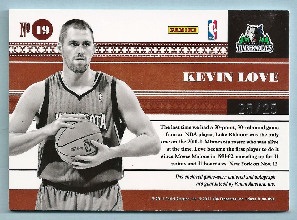 KEVIN LOVE 2010/11 NATIONAL TREASURES BIOGRAPHY MATERIALS JERSEY ...