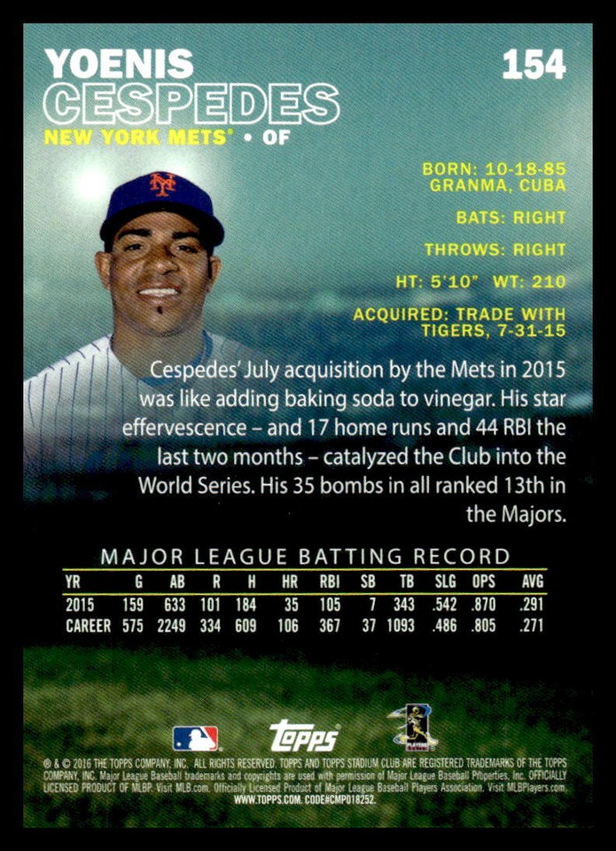 2016 Stadium Club Yoenis Cespedes #154 New York Mets Baseball Card | eBay