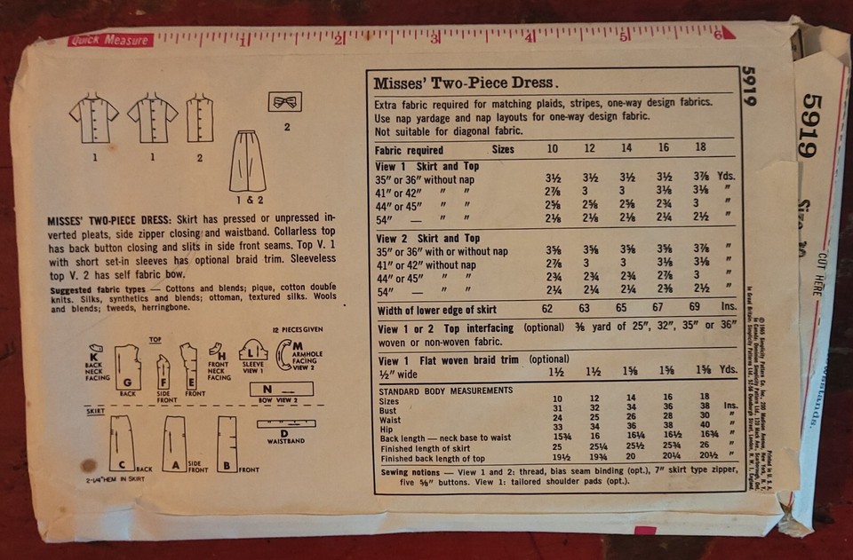 Vintage 1960s Simplicity Pattern 5919 Two Piece Dress Size 10 Bust 31 ...