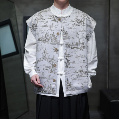 Chinese Style Vest Men's Round Neck Loose Vest Retro Traditional Vest ...