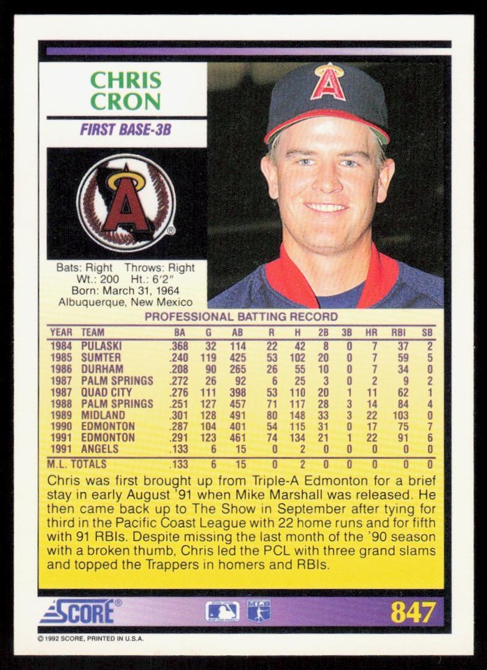 1992 Score 847 Chris Cron California Angels | eBay