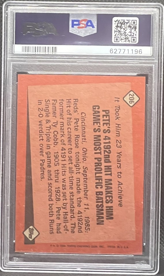 1986 Topps - Record Breaker 4192 Hit #206 Pete Rose Charlie Hustle PSA ...