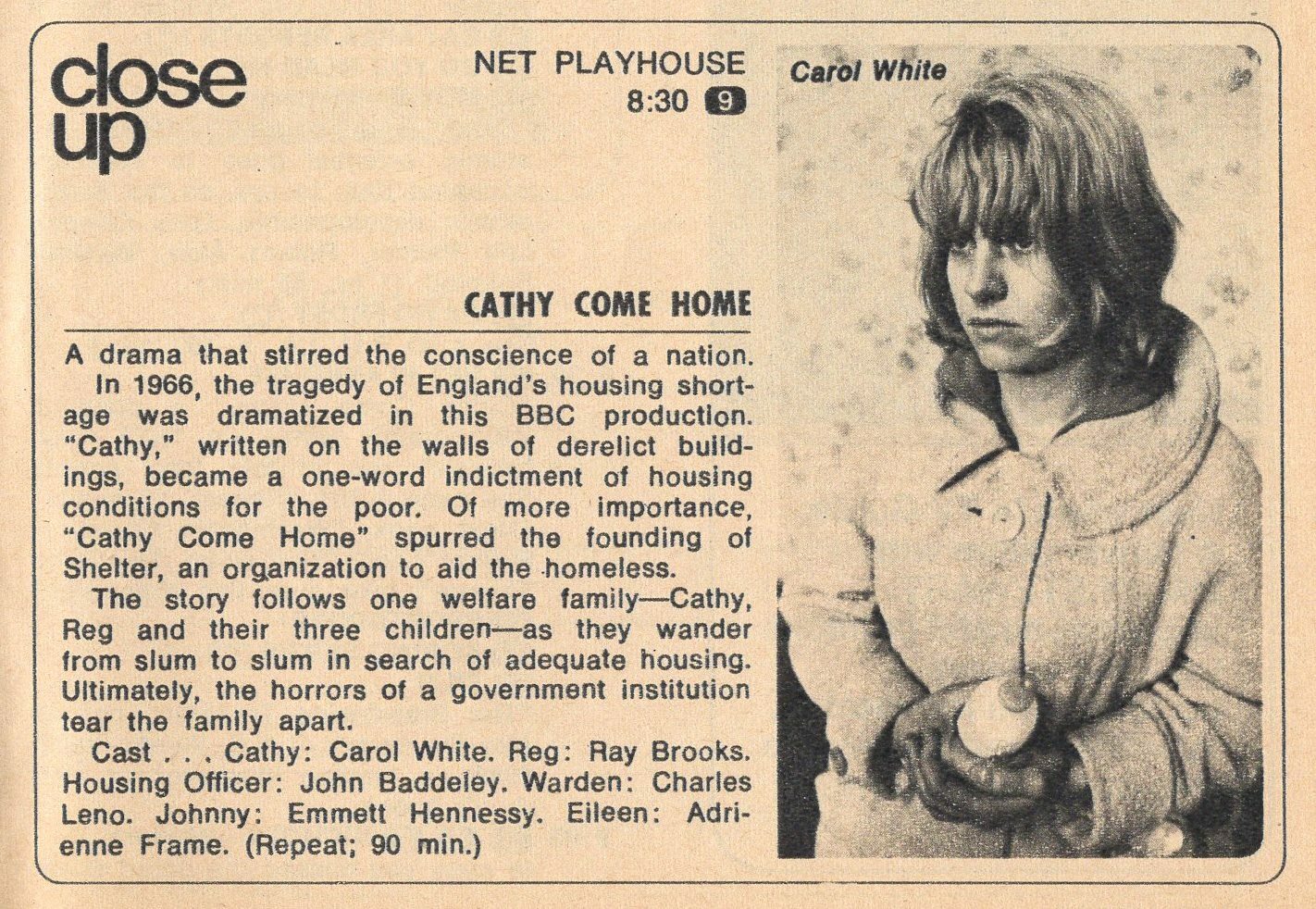 1971 TV AD~CATHY COME HOME CAROL WHITE BBC PRODUCTION NET PLAYHOUSE | eBay