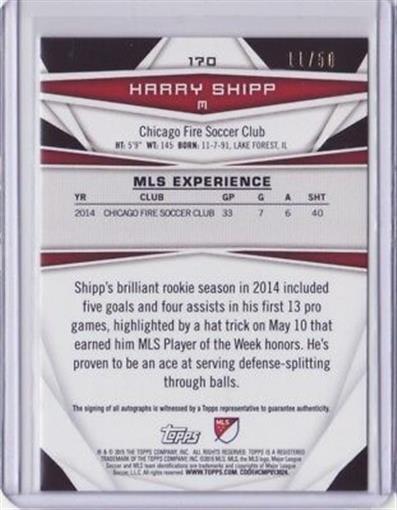2015 Topps MLS Autograph Blue #170 Harry Shipp 11/50 Auto RC - Flat S/H ...