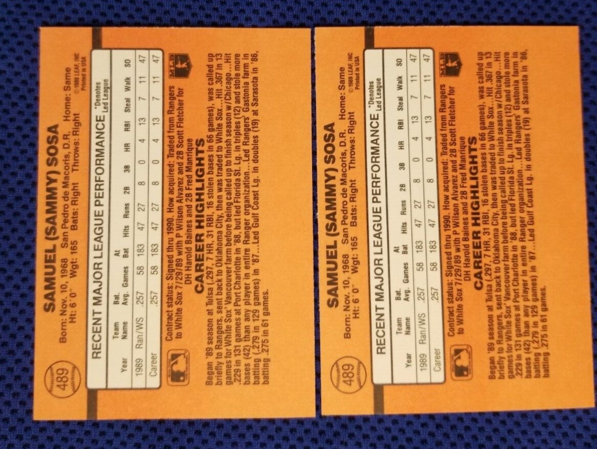 TWO 1990 Donruss Sammy Sosa double error cards Wrong DOB and no dot ...