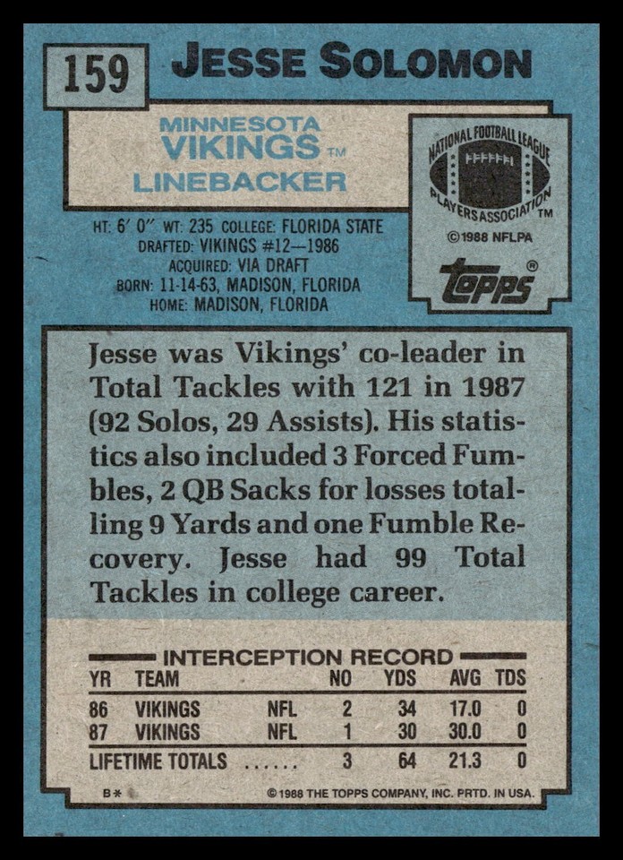 1988 TOPPS NFL Football ROOKIE Card #159 🏈 JESSE SOLOMON, Minnesota ...