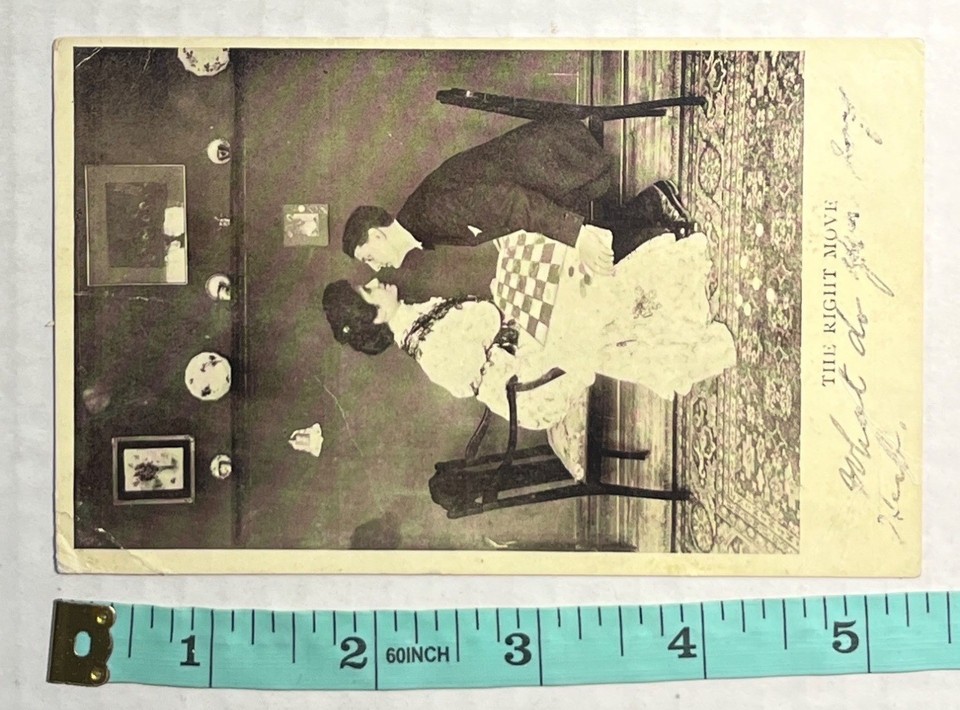 Antique Postcard 1907 Edwardian Era Romantic Couple Scene Checkers RPPC ...