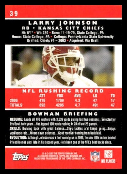2007 Bowman #39 Larry Johnson Kansas City Chiefs | eBay