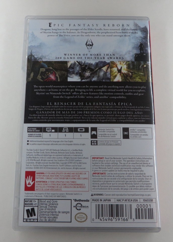 Replacement Case (NO GAME) The Elder Scrolls V Skyrim Nintendo Switch ...