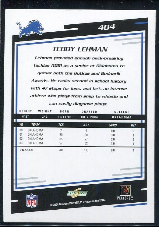 2004 Score Football Teddy Lehman #404 Detroit Lions Rookie | eBay