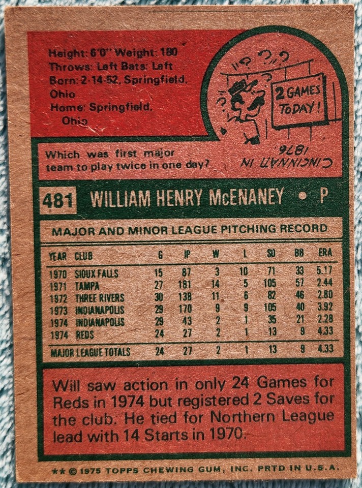 Will McEnaney Cincinnati Reds 1975 Topps Mini Baseball Card #481 Vg | eBay