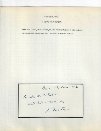Tadeus Reichstein Signed Card 1950 Nobel Prize Medicine & Physiology ...