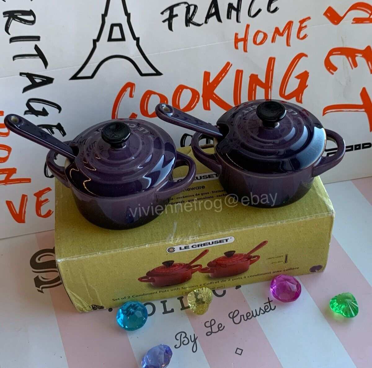 LE CREUSET CASSIS PURPLE MINI CONDIMENT POTS W/SPOONS SET of 2 ...