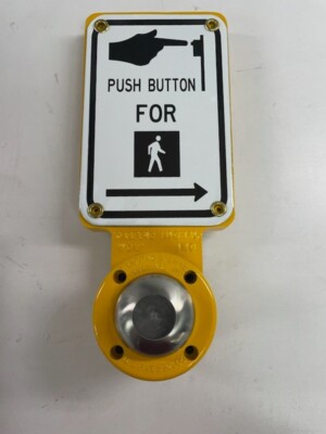 Crosswalk Pedestrian Traffic Signal Push Button, Porcelain Sign, Yellow ...