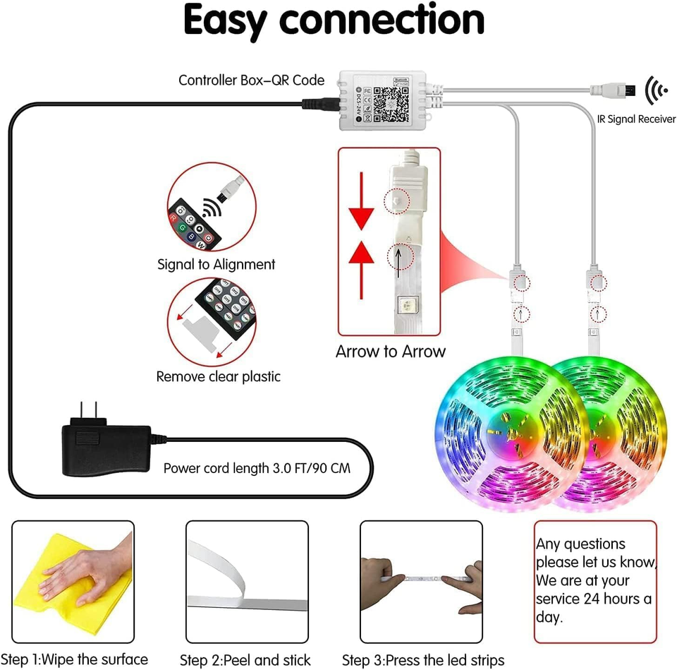 100Ft LED Strip Lights, Music Sync Bluetooth RGB Color Changing Remote ...