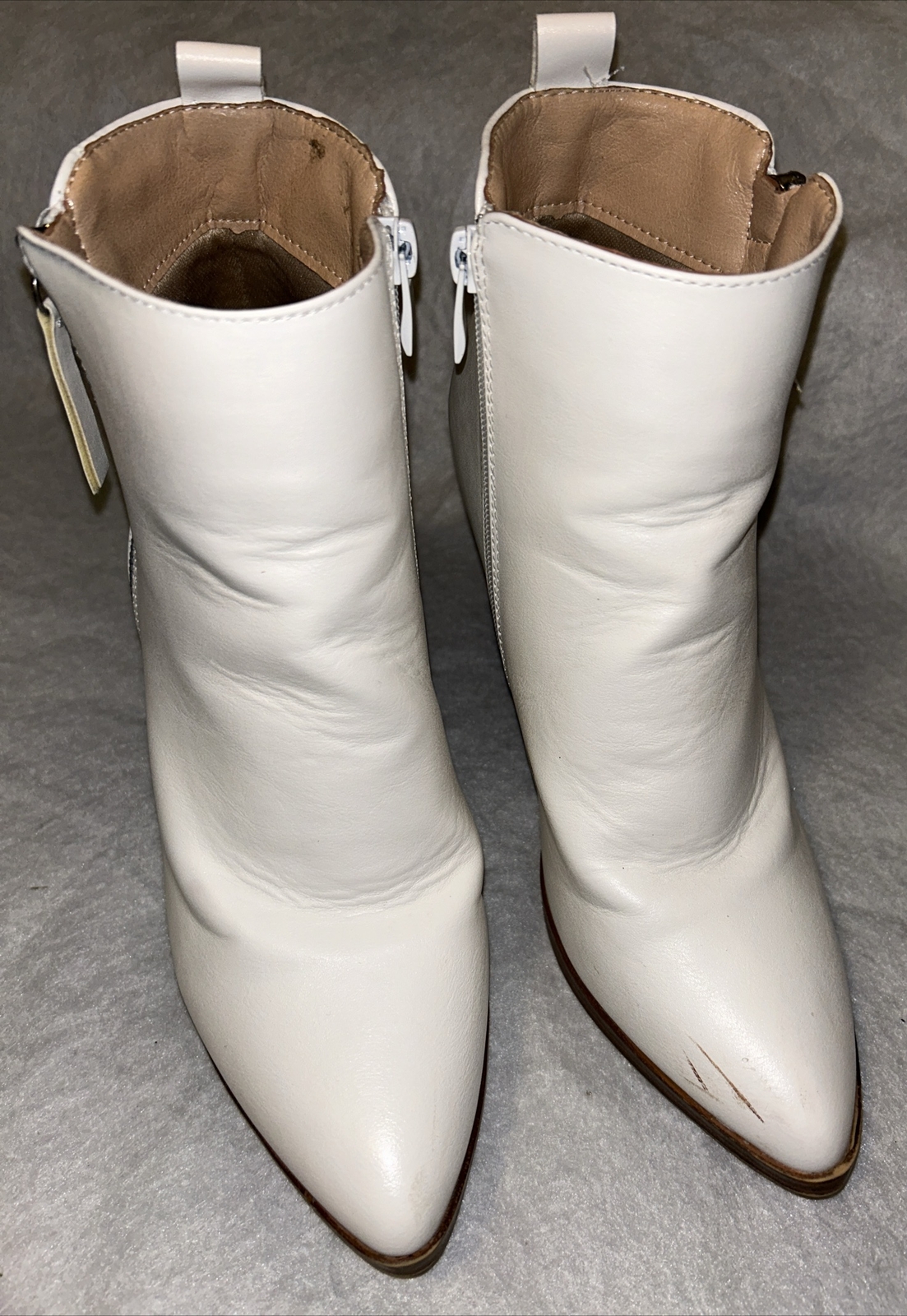 Women White Ankle Boots Pointed Toe Chunky Block Heel Side Zipper Boots ...