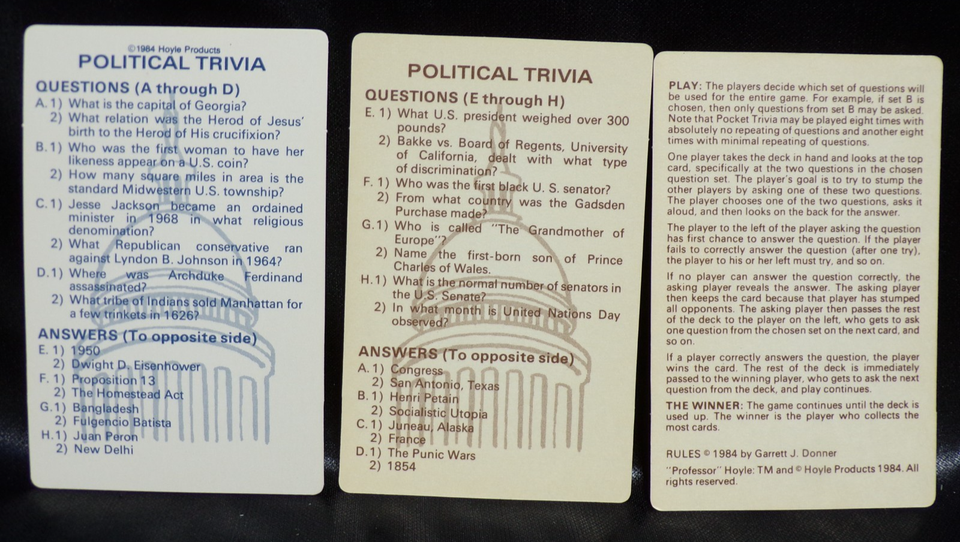 POLITICAL TRIVIA GAME 54 CARDS SERIES 6 PROFESSOR HOYER 1984 NO. 7035 ...