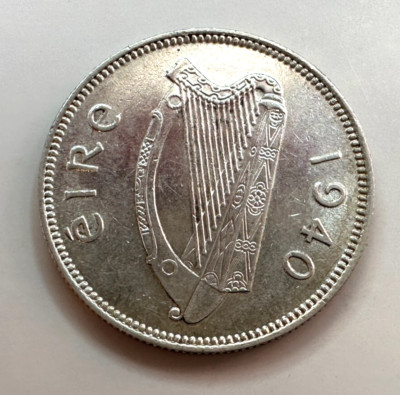1940 Ireland Eire Shilling, Silver 0.75 Coin, AU About Uncirculated ...