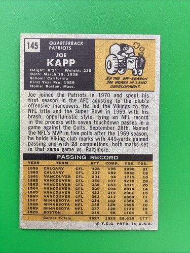 1971 Topps Football FB High #145 Joe Kapp e Patriots NM+ | eBay