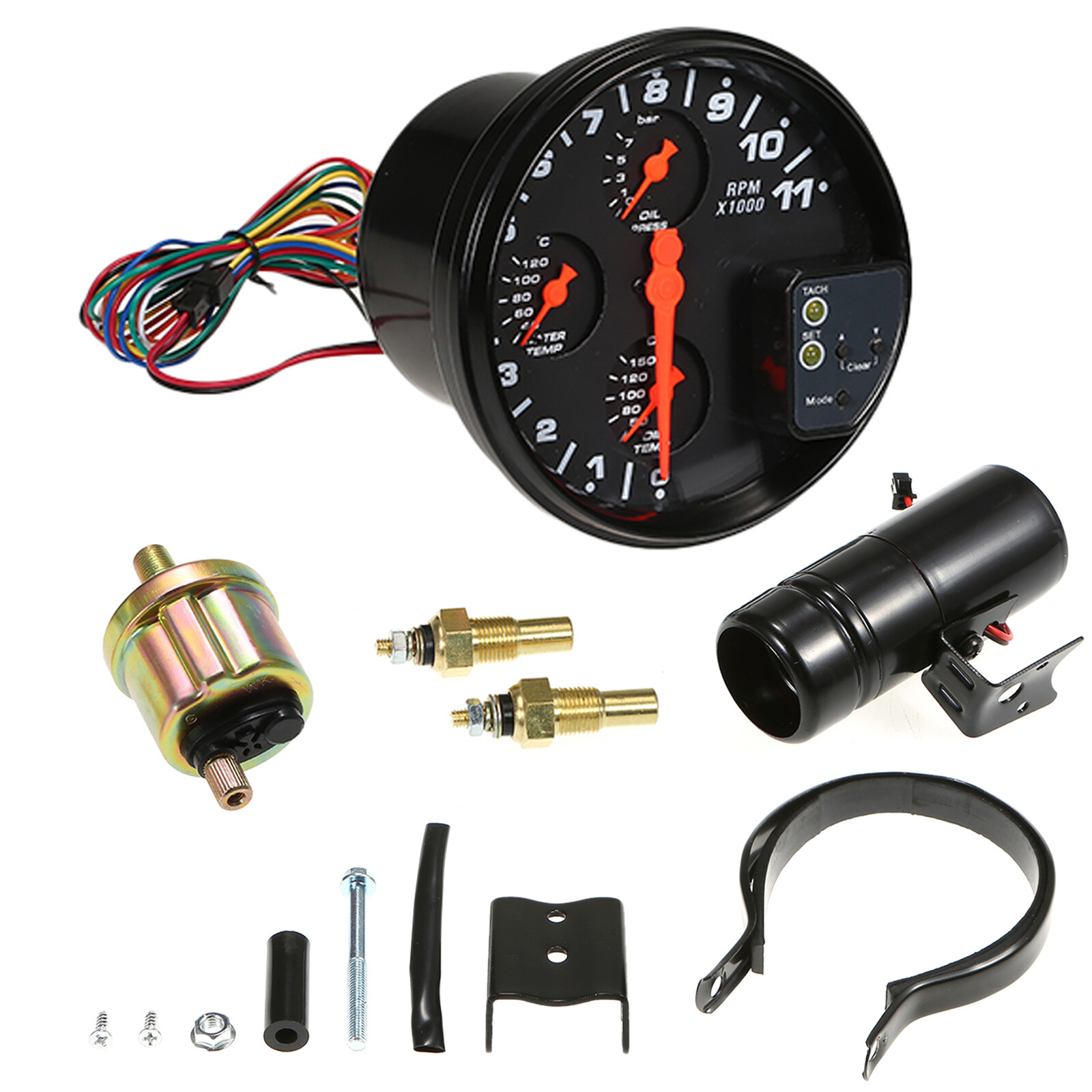 4-in-1 5" 11K RPM Tachometer Oil & Water Temp Gauge Oil Pressure Gauge ...
