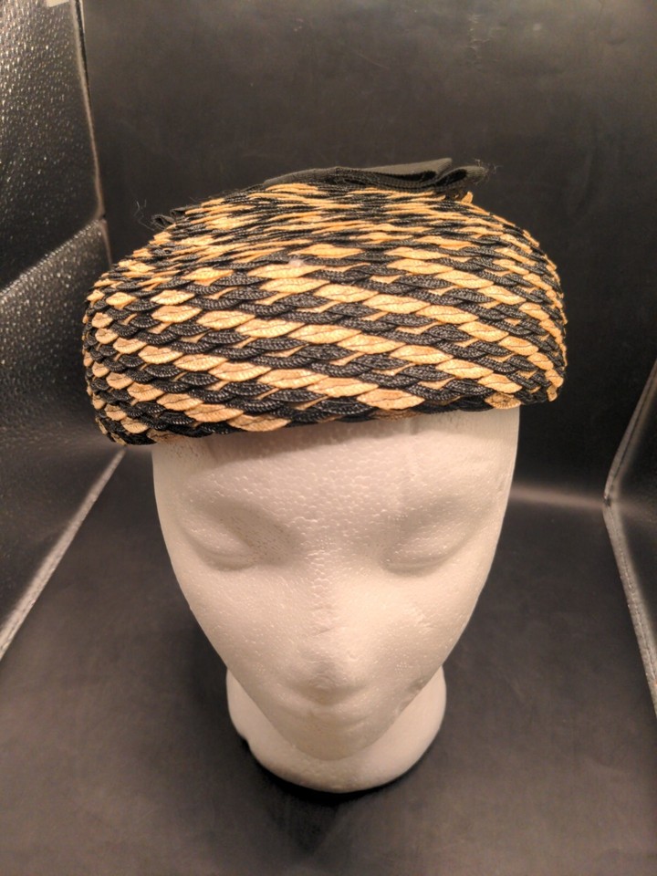 Vintage Woven Black& Beige Pillbox Style Ladies Hat With Ribbon Bow | eBay
