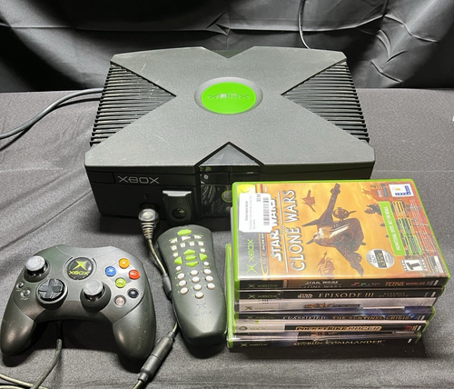 Original XBox Console Bundle Controllers Power A/V Cables DVD Remote ...