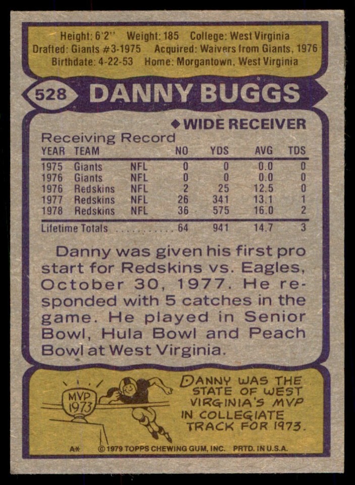 1979 TOPPS . DANNY BUGGS . WASHINGTON REDSKINS #528 | eBay
