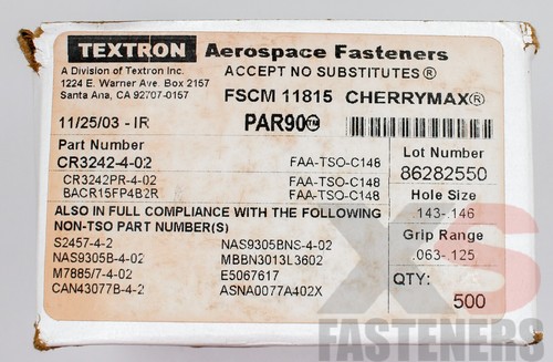 Cherry Rivet CR3242-4-2 (Blind Rivets) Hole Size .143-.146 Grip Range ...