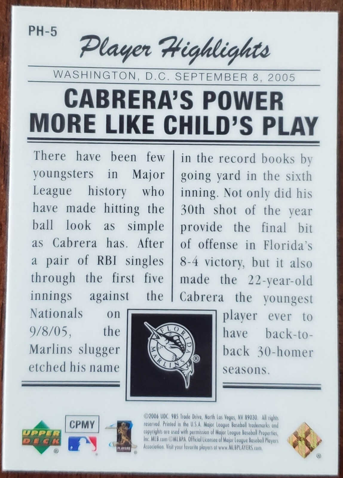 2006 UPPER DECK SPECIAL F/X MIGUEL CABRERA PLAYER HIGHLIGHT CARD #PH-5 ...