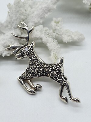 Vintage Christmas Reindeer Brooch Pin Sterling Silver Marcasite | eBay