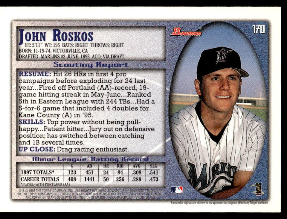 1998 Bowman 170 John Roskos Florida Marlins RC Baseball Card | eBay