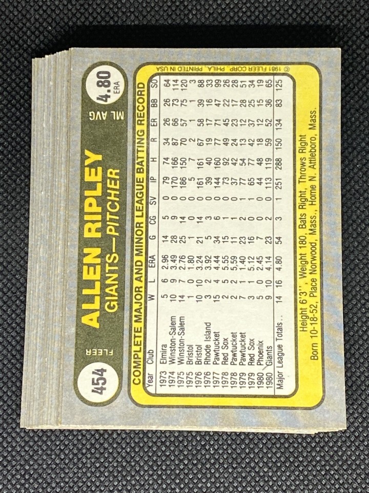 Allen Ripley San Francisco Giants Boston Red Sox 1981 Fleer #454 15 ...
