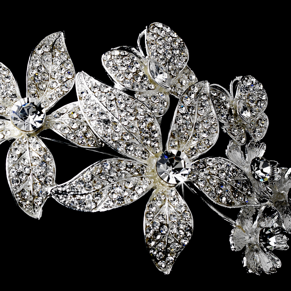 Spring Silver Clear Crystal Butterfly Flower Side Accent Bridal Prom ...