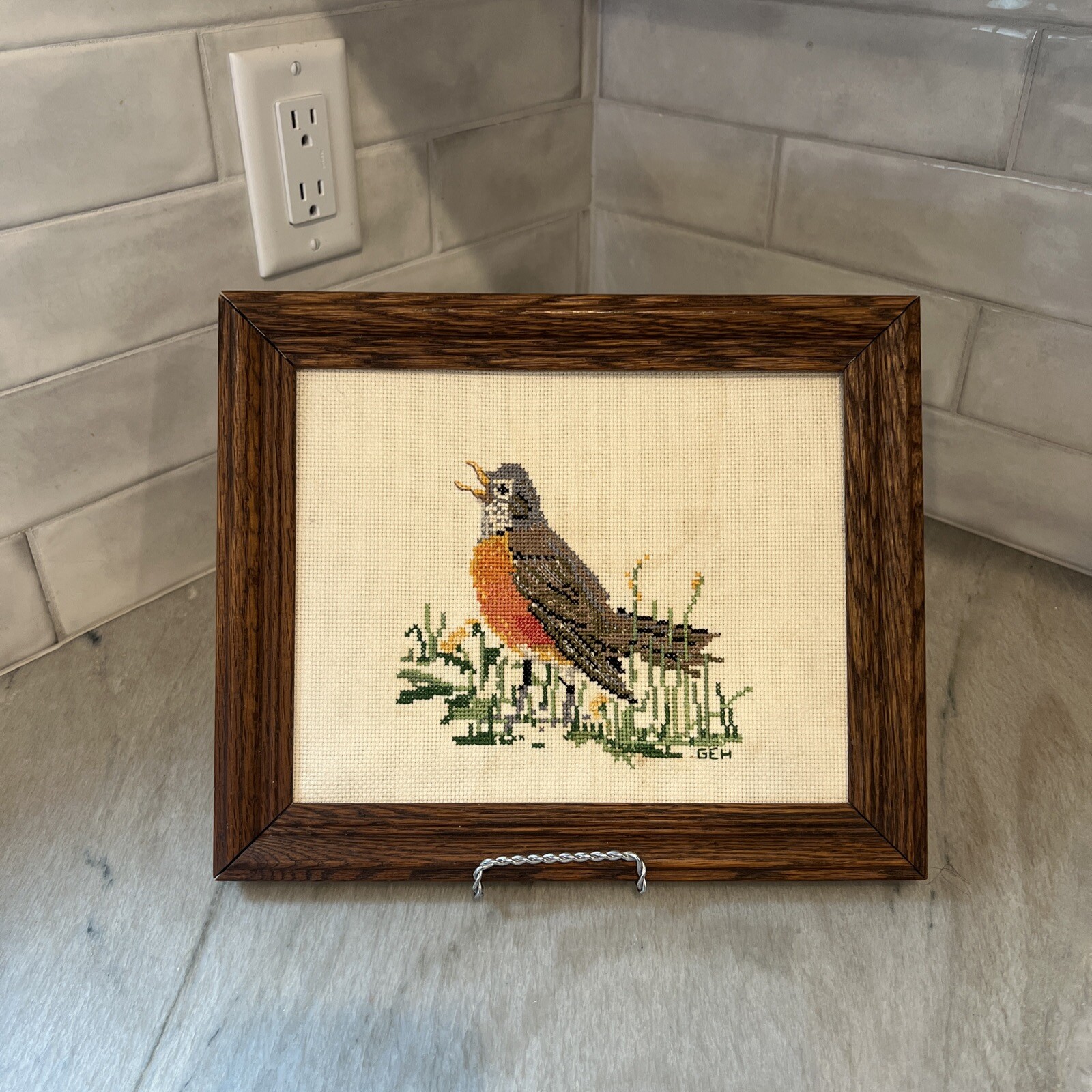 Vintage Framed Robin Bird with Flowers Needlepoint Stitch Picture Art ...
