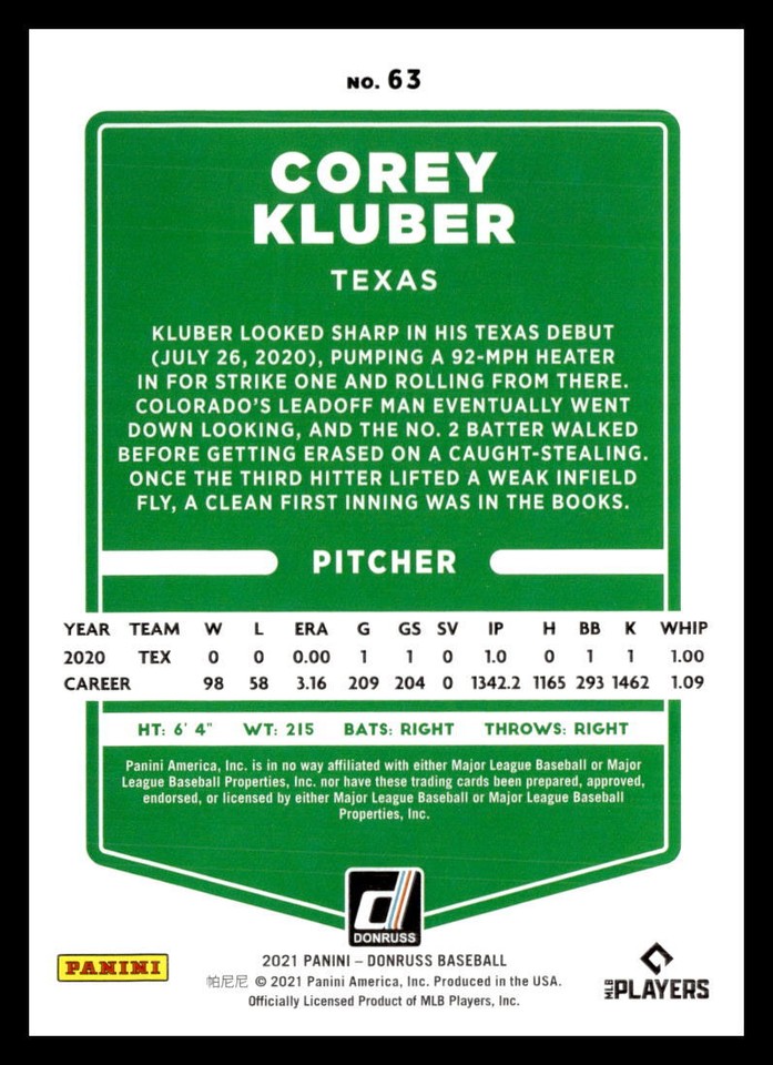 2021 Donruss #63 Corey Kluber Texas Rangers Baseball Card | eBay