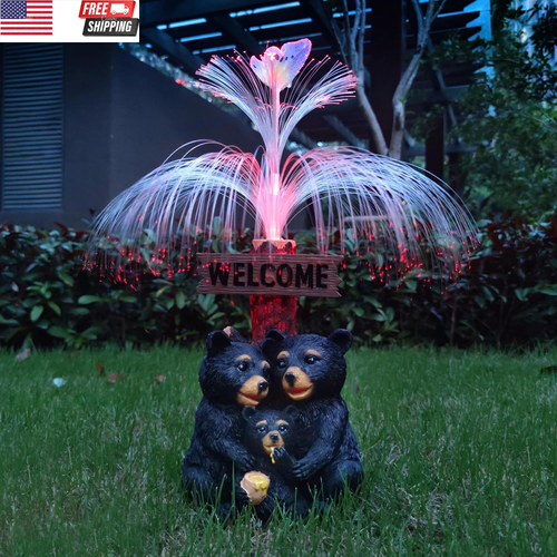 Solar Bear Garden Statues,Resin Black Bear Family Figurine with Welcome ...