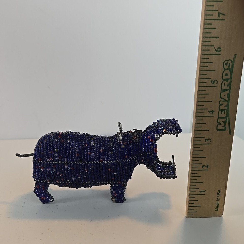 Blue Hippo Kenyan Sculpture Art Bead Wire Beaded Animal Figurine Decor ...