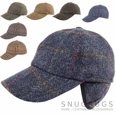 Mens 100% Wool / Tweed Shooting Baseball Cap With Fold Down Ear Flaps ...