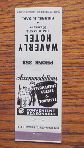 LOW PHONE # 358 MATCHBOOK COVER: WAVERLY HOTEL PIERRE, SD 1950s ...