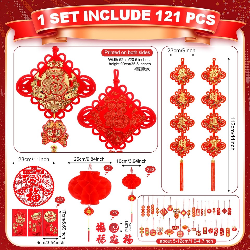 121 Pcs Chinese New Year Decorations 2026 Lunar Chinese Knot Fu ...
