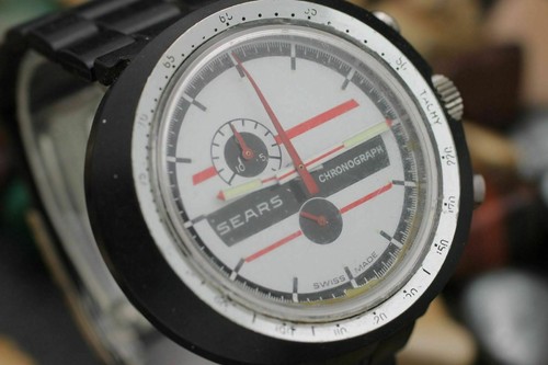 Vintage SEARS By HEUER Chronograph Acrylic Case White Dial Men's Sport ...