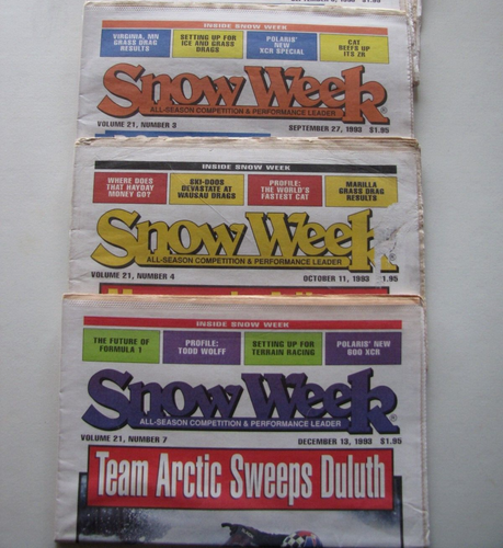 Snow Week snowmobile newspapers, 3 issues Sept - Dec 1993, Race Sleds ...