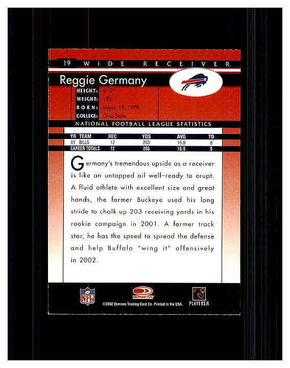 2002 Donruss Football Card #19 Reggie Germany | eBay